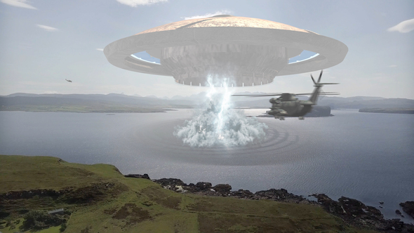 Alien Spaceship Hovering Over Sea and Islands, Motion Graphics | VideoHive