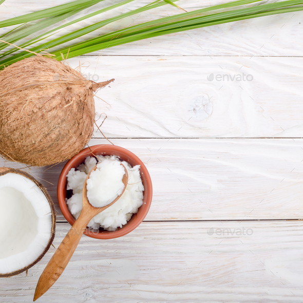 Flat lay Background of coconut, coconut shell, oil in clay bowl Stock ...