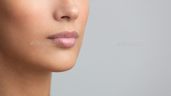 Perfect natural lip makeup, grey studio background Stock Photo by ...