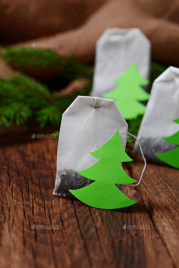 Tea bag with Christmas tree label Stock Photo by furmanphoto | PhotoDune