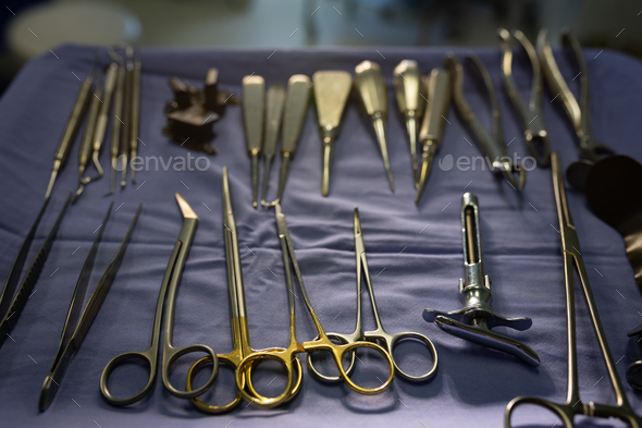 Front view of basic surgical instruments placed in a surgical tray ...