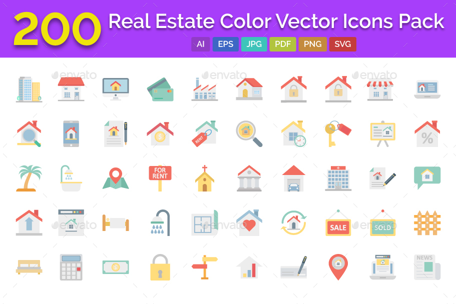 200 Real Estate Color Vector Icons Pack, Icons | GraphicRiver