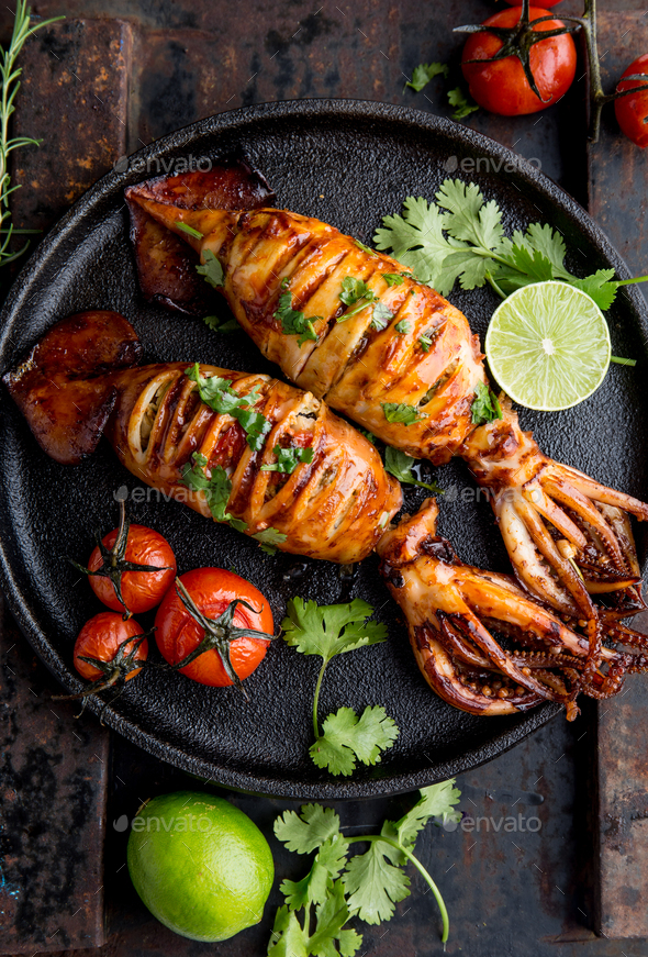 Korean BBQ Squid Calamary and Ingredients on Dark Background ...