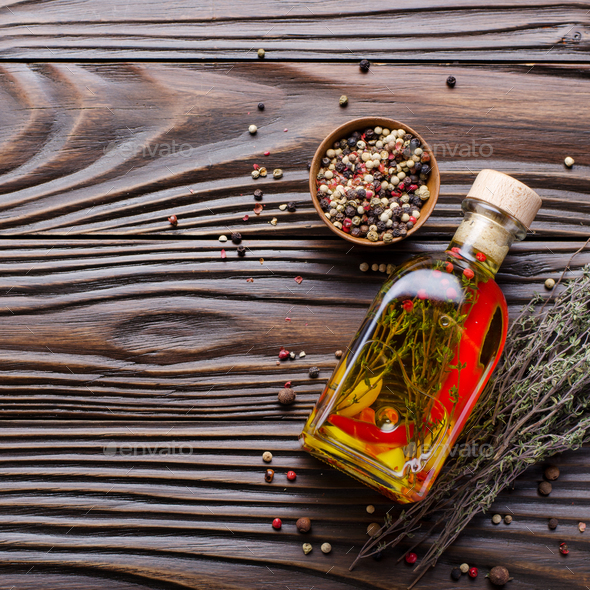 Flat lay Food background frame made of oils condiments and spice Stock ...