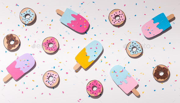 Sweet summer background with ice cream and donuts Stock Photo by ...