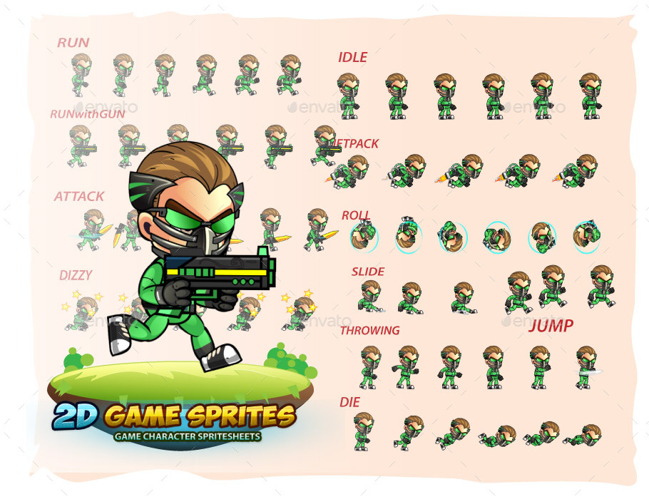 Green Cyborg 2D Game Sprites, Game Assets | GraphicRiver