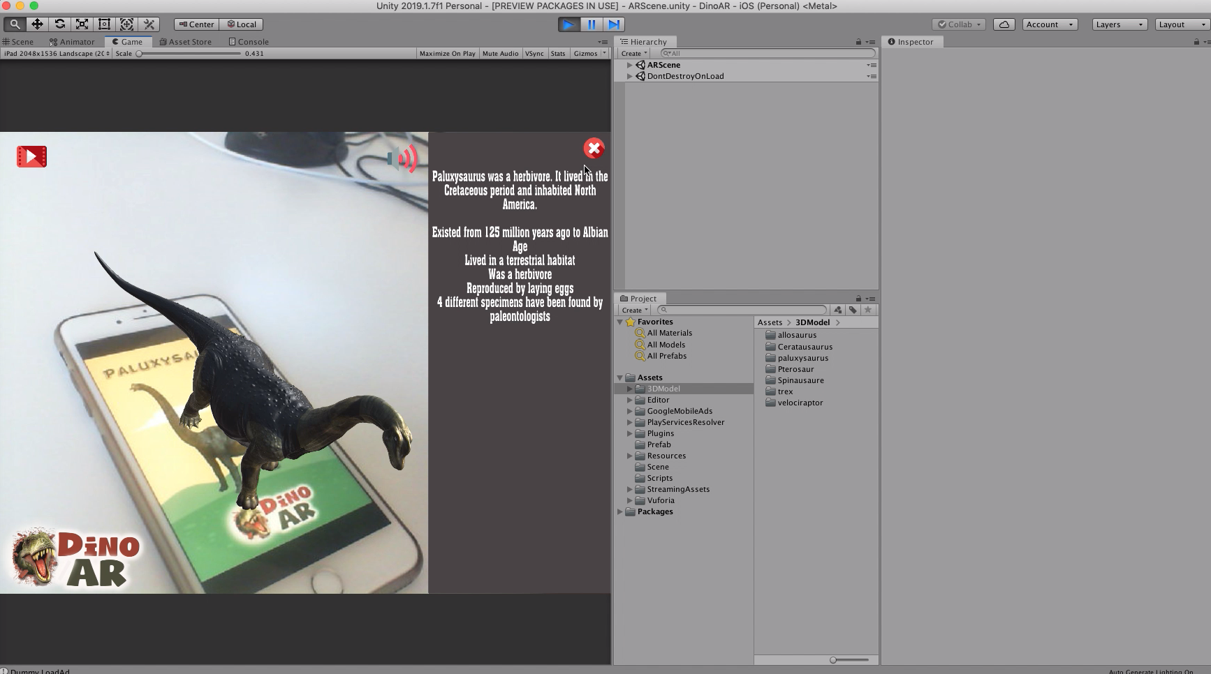 DinoAR Dinosaurs | Augmented Reality App Kit Unity by XPayr | CodeCanyon