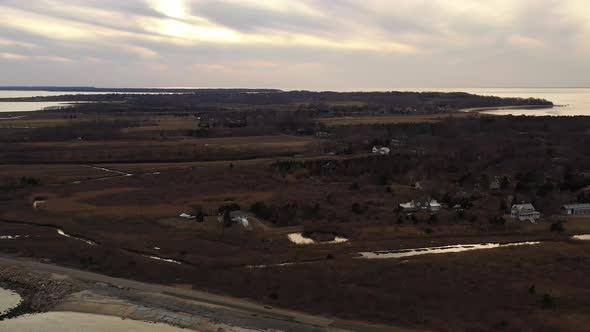 an aerial view over the eastern end of Orient Point, Long Island during ...