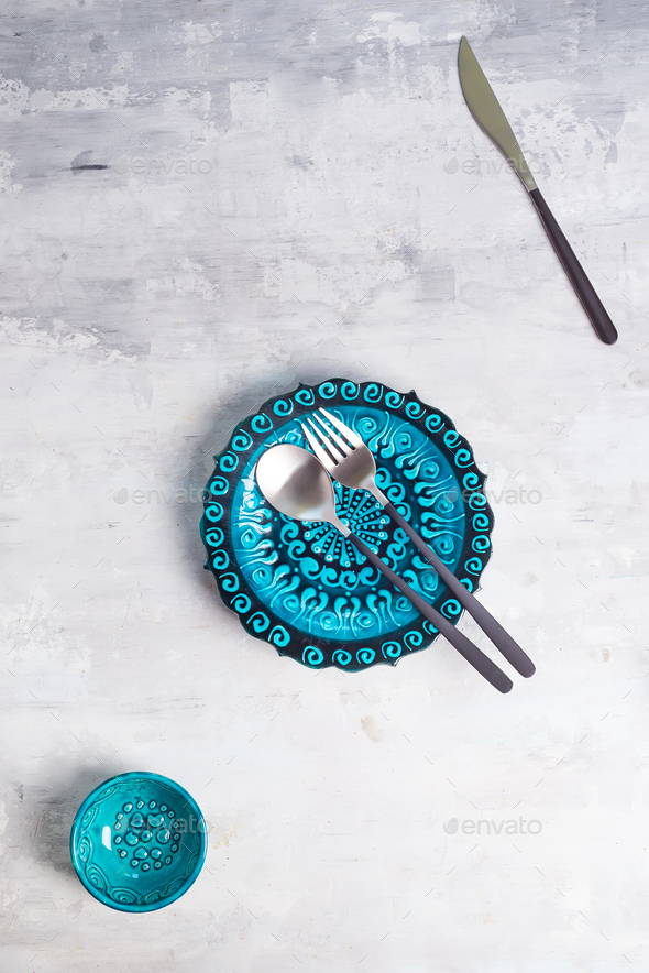 Turkish ceramics decorated blue plate and bowl with new luxury black ...