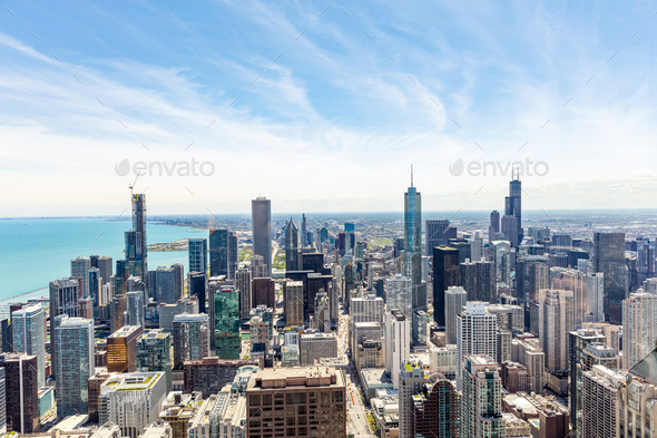 Chicago city skyscrapers aerial view, blue sky background. Skydeck ...