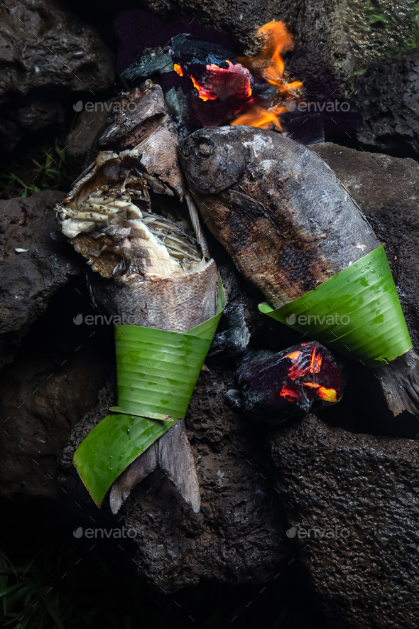 Easter Island food. Local fish prepared on hot stones. Top view. Stock ...