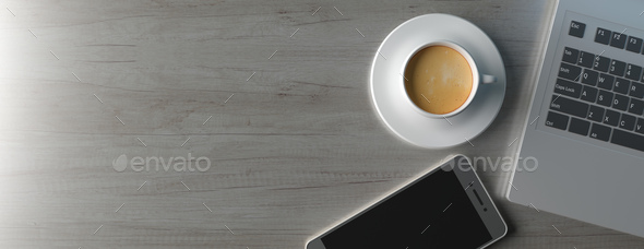 Computer laptop and smartphone on office desk, banner. 3d illustration ...