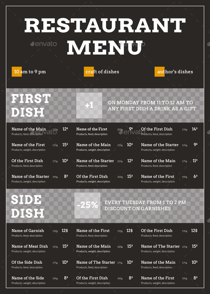 Two-Sided Black and White Menus for Restaurants and Cafes, Print Templates