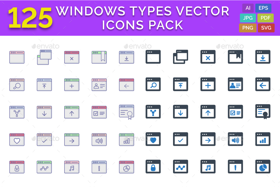 125 Windows Types Vector Icons Pack, Icons | GraphicRiver