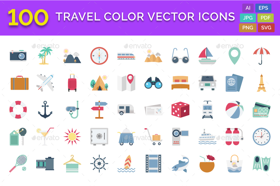 100 Travel Color Vector Icons Pack, Icons | GraphicRiver
