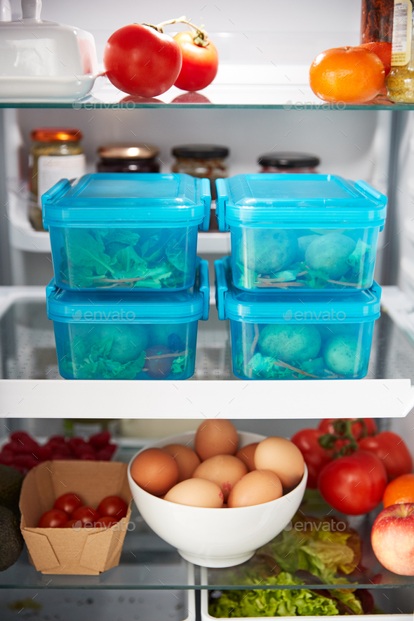 View Inside Refrigerator Of Healthy Food And Packed Lunches In Plastic ...
