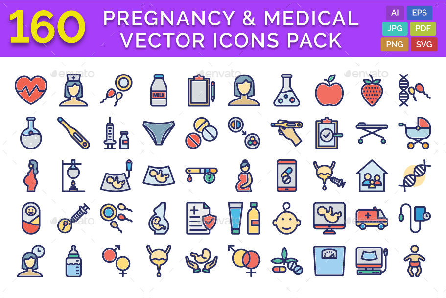 160 Pregnancy & Medical Vector Icons Pack, Icons | GraphicRiver