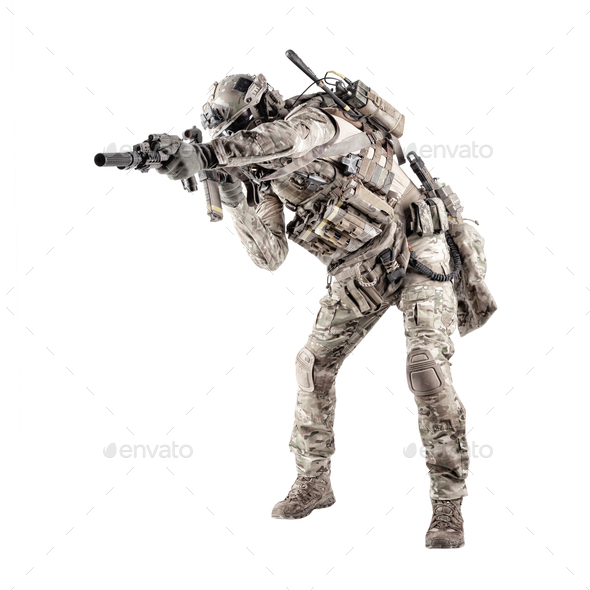 Army soldier crouching with rifle studio shoot Stock Photo by ...