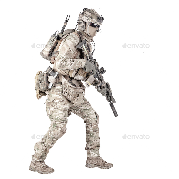 Running soldier with rifle isolated studio shoot Stock Photo by ...