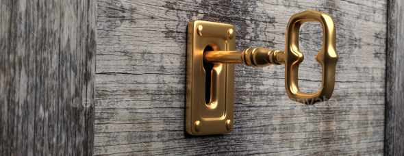Gold key and keyhole, wood door background, banner. 3d illustration ...