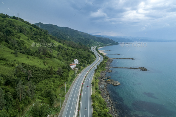Beautiful Coastal Road With Overlooking The Sea.Aerial View Stock Photo ...