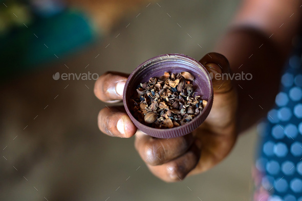 Hand holds herbal tea of Bael flowers Stock Photo by Yakov_Oskanov