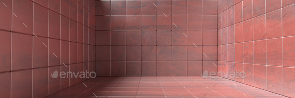 Empty room, floor and walls tiled pattern, Metal red color background ...