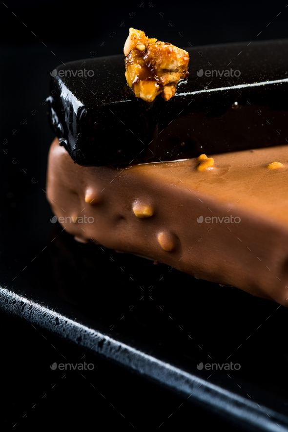 Artisan Monoportion Patisserie Dessert Cake on Black Reflective Stock ...