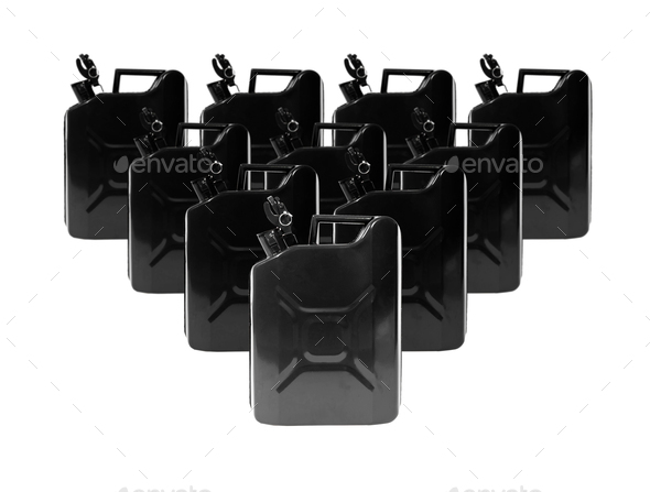 Ten black Metal Fuel Container Jerrycans Stock Photo by gargantiopa