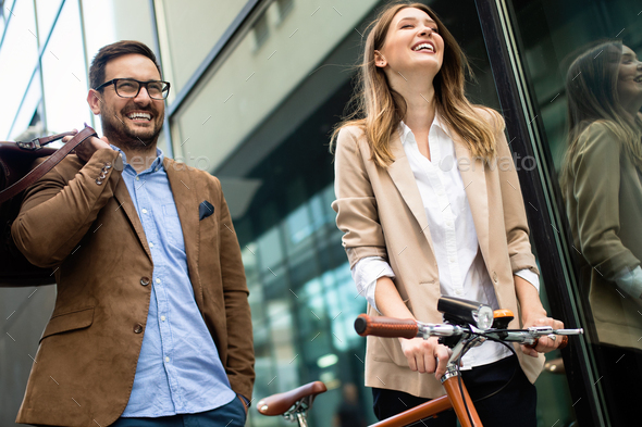 Office woman with business man couple enjoying break while talking ...