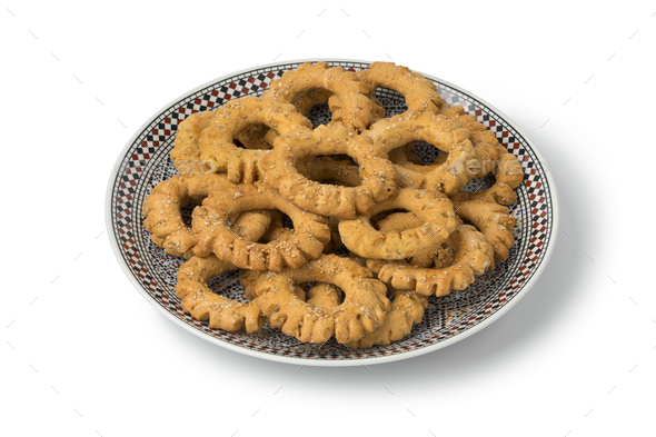 Dish with traditional festive Moroccan Kaak cookies Stock Photo by ...