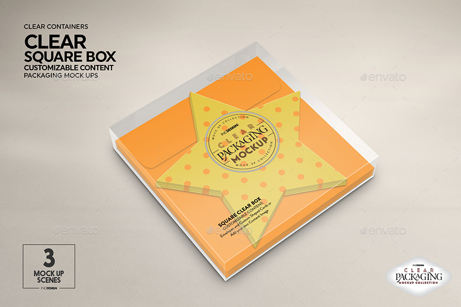 Clear Square Boxes with Customizable Content Packaging Mockup, Graphics