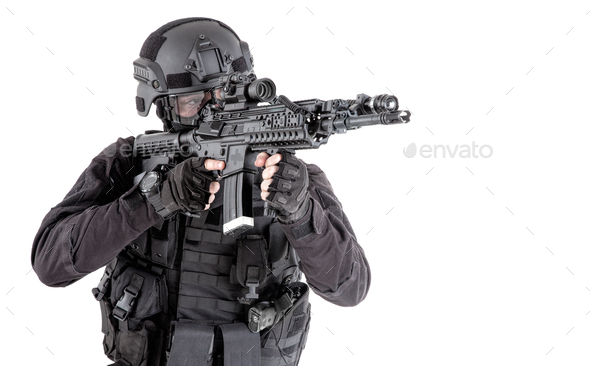 Police SWAT team fighter aiming assault rifle Stock Photo by ...