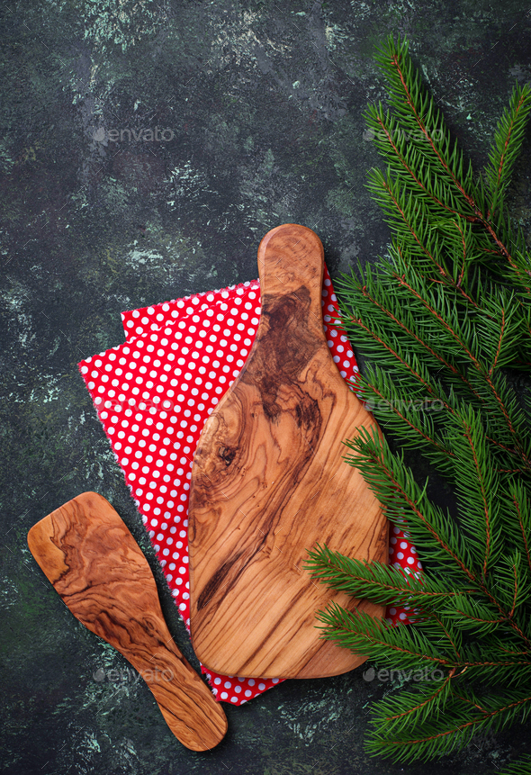 Christmas cooking background with cutting board Stock Photo by furmanphoto