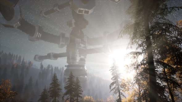 UFO Hovering Over a Forest at Night with Light Beam, Motion Graphics