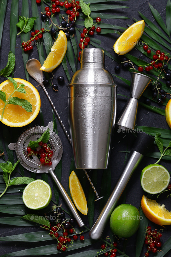 Cocktail Shaker on the Background of Fruits Stock Photo by Dream79