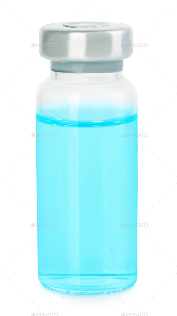 Medical vial with blue solution for injection on white background ...