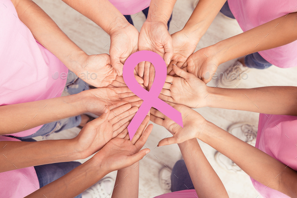 Women Hands Holding Pink Breast Cancer Ribbon Standing Together Stock ...