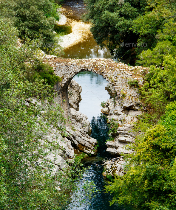 A medieval bridge on Calore River near Felitto Stock Photo by katrinshine