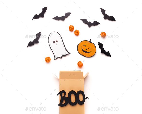 Open boo box with flying outside Candies, bats and ghosts Stock Photo ...