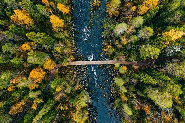 Aerial view of fast river flow through the rocks and colorful forest ...