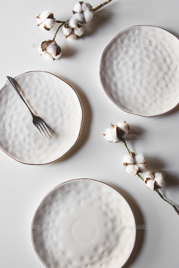 Beautiful plates on a white background with cotton. Beautiful layout ...