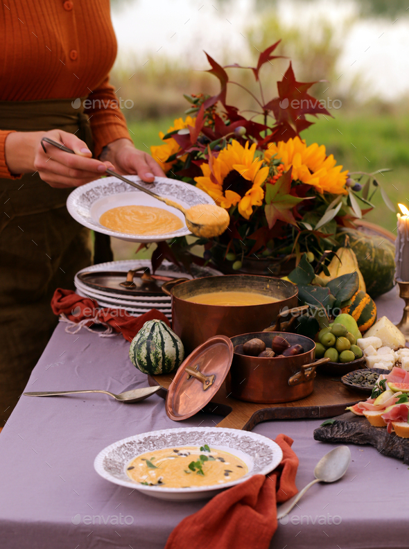 Autumn Table Setting with Pumpkin Soup Stock Photo by Dream79 | PhotoDune
