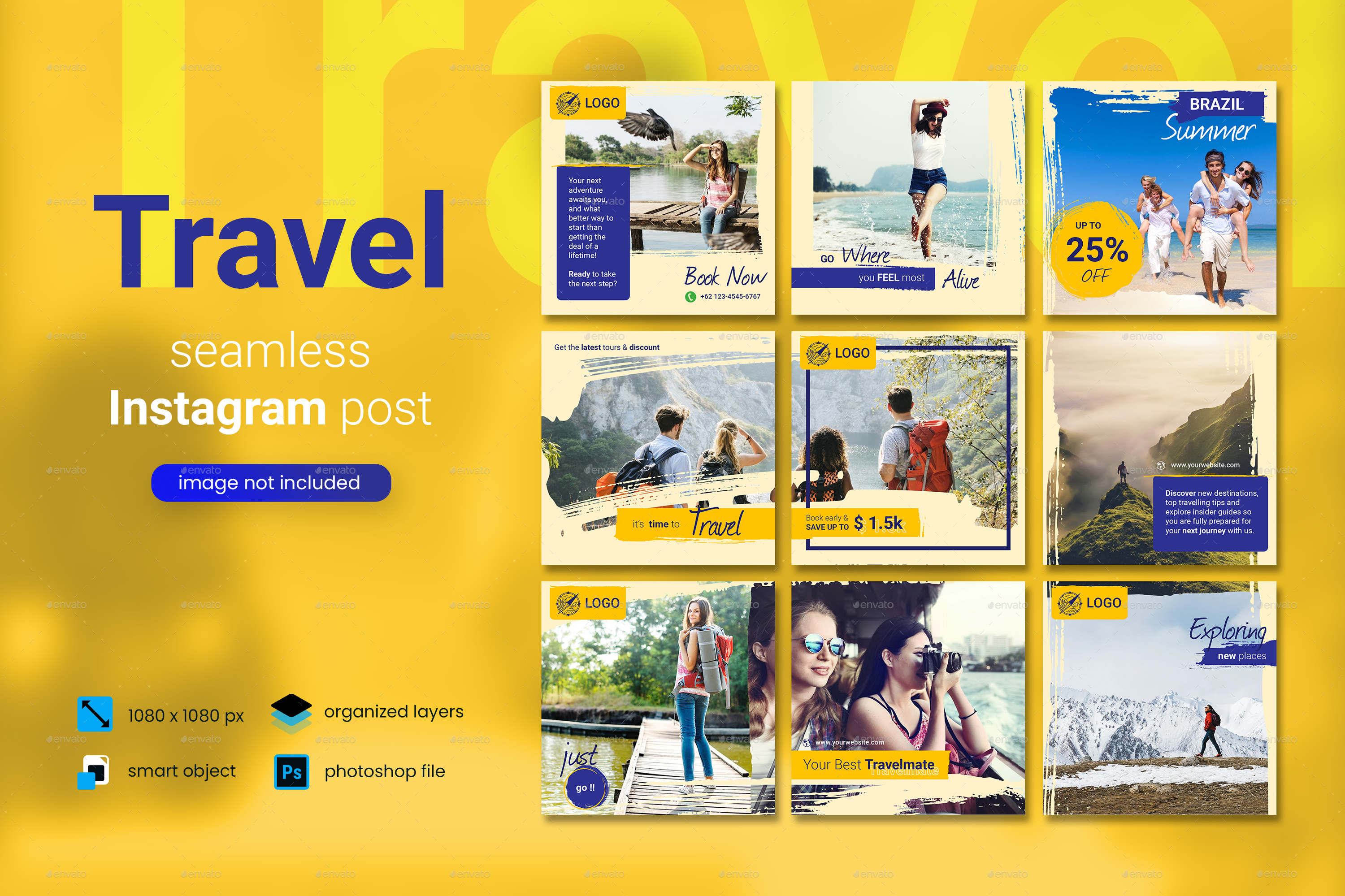 Travel Social Media Post Template with Yellow Color Theme, Web Elements
