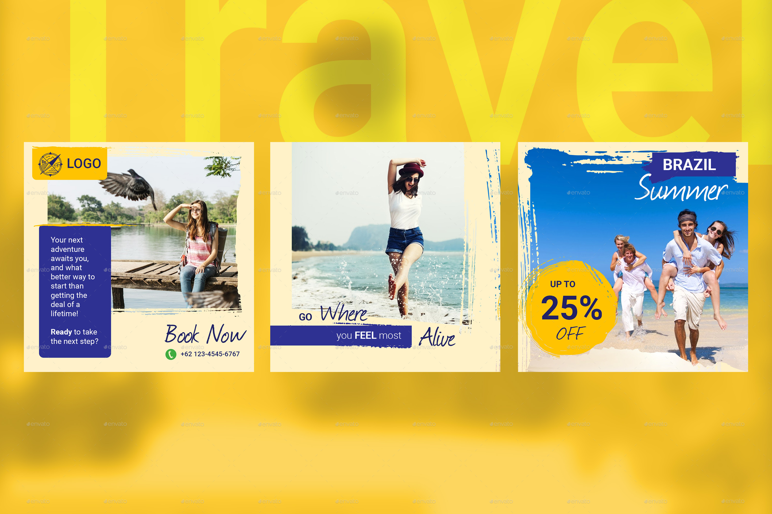 Travel Social Media Post Template with Yellow Color Theme, Web Elements