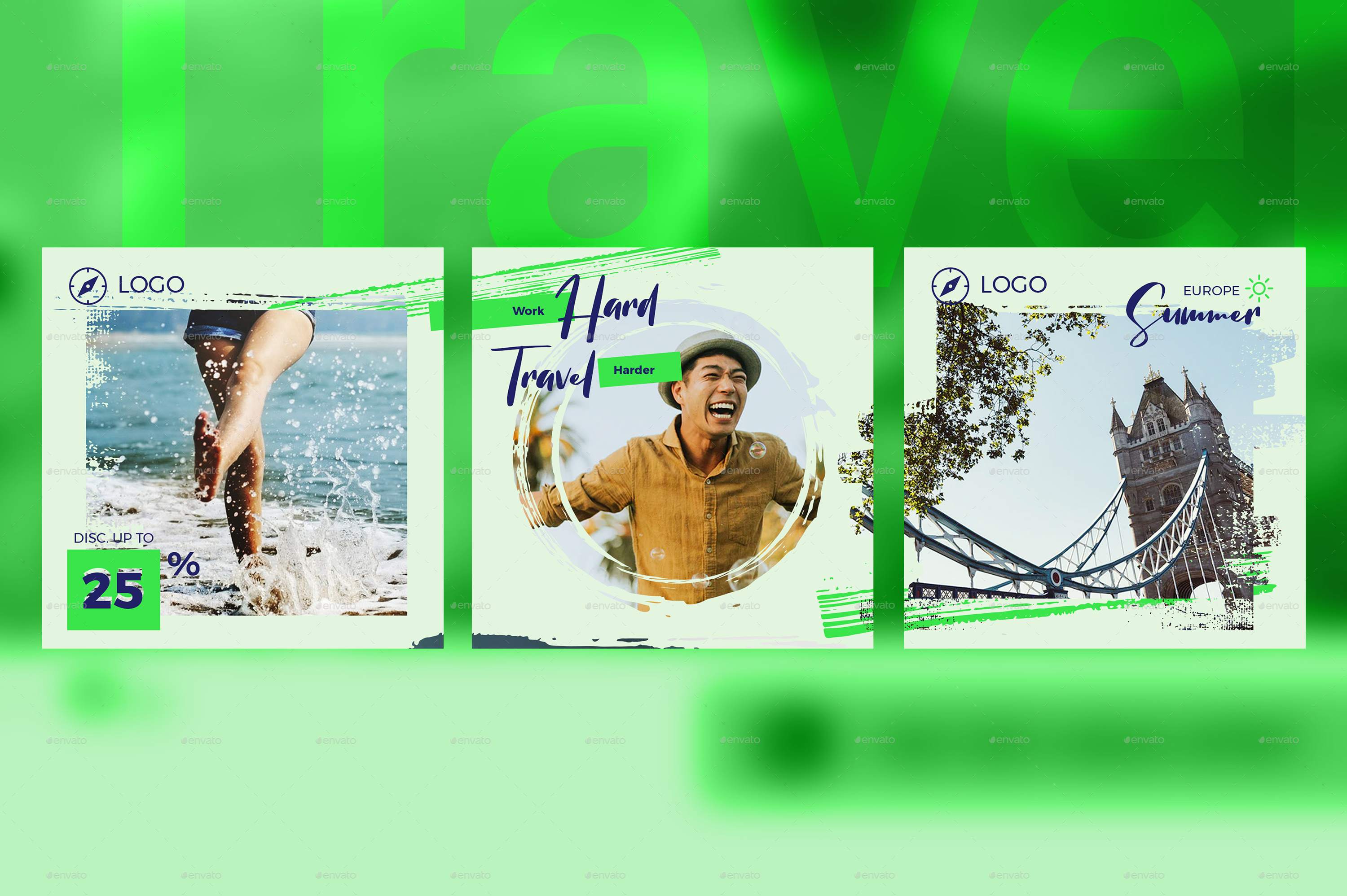 Travel Social Media Post Template with Green Color Theme, Web Elements