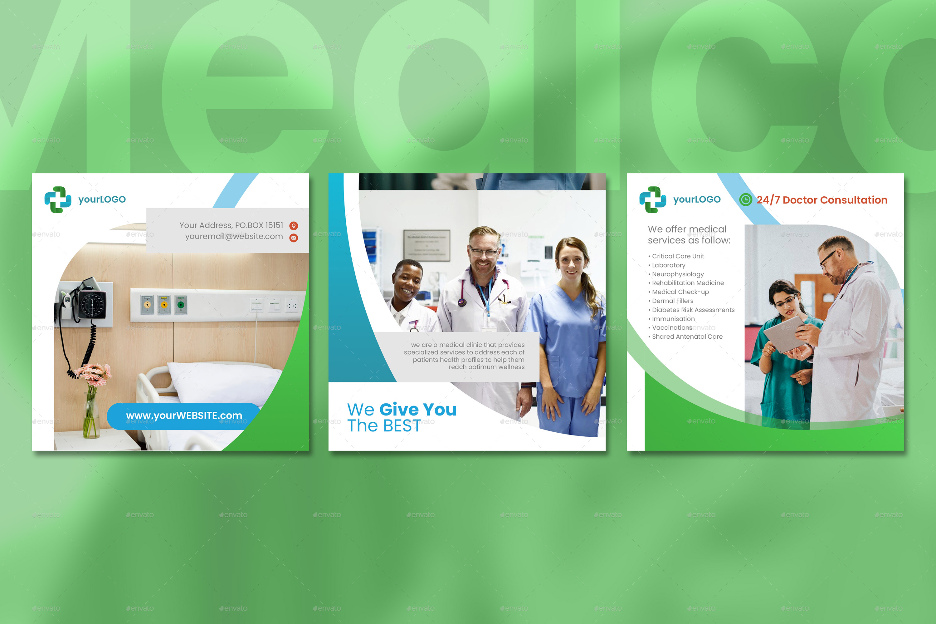 Medical Social Media Post Template with Green Color Theme, Web Elements