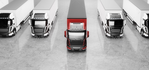 Fleet of trucks with cargo trailers. Transport, shipping industry ...