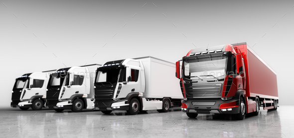 Fleet of trucks with cargo trailers. Transport, shipping industry ...