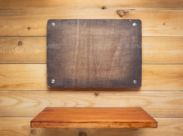 wooden sign board and shelf at wall Stock Photo by seregam | PhotoDune